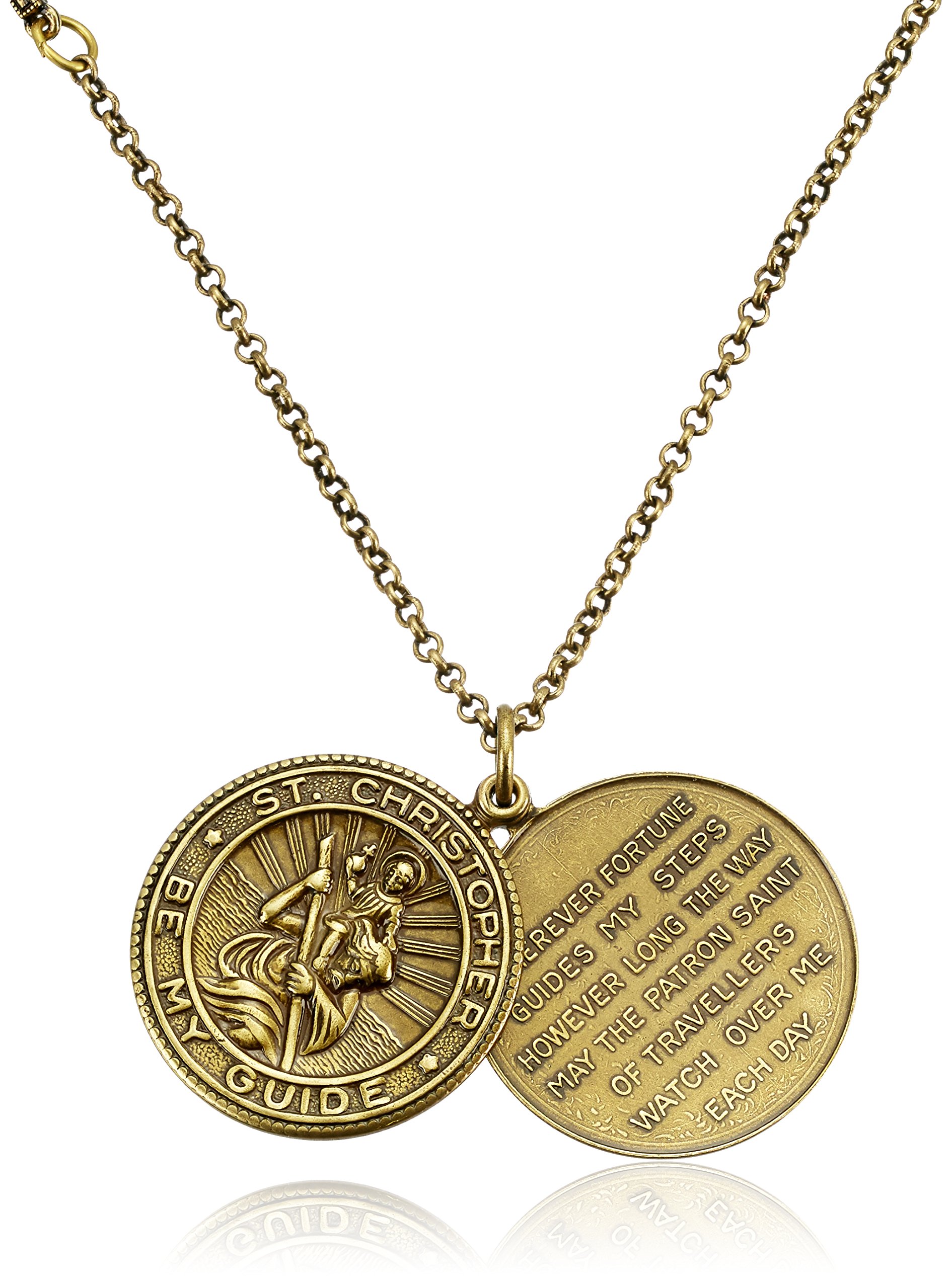 Symbols of Faith Brass-Tone with Purple AB Accent St. Christopher Slide Prayer Pendant Necklace, 36"