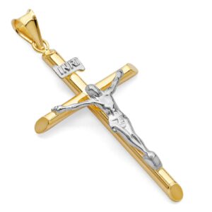 the world jewelry center 14k real two tone gold religious crucifix jesus cross charm pendant (50 x 25 mm)