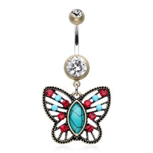 wildklass jewelry vintage butterfly fliligree belly button ring (brass/clear/turquoise)