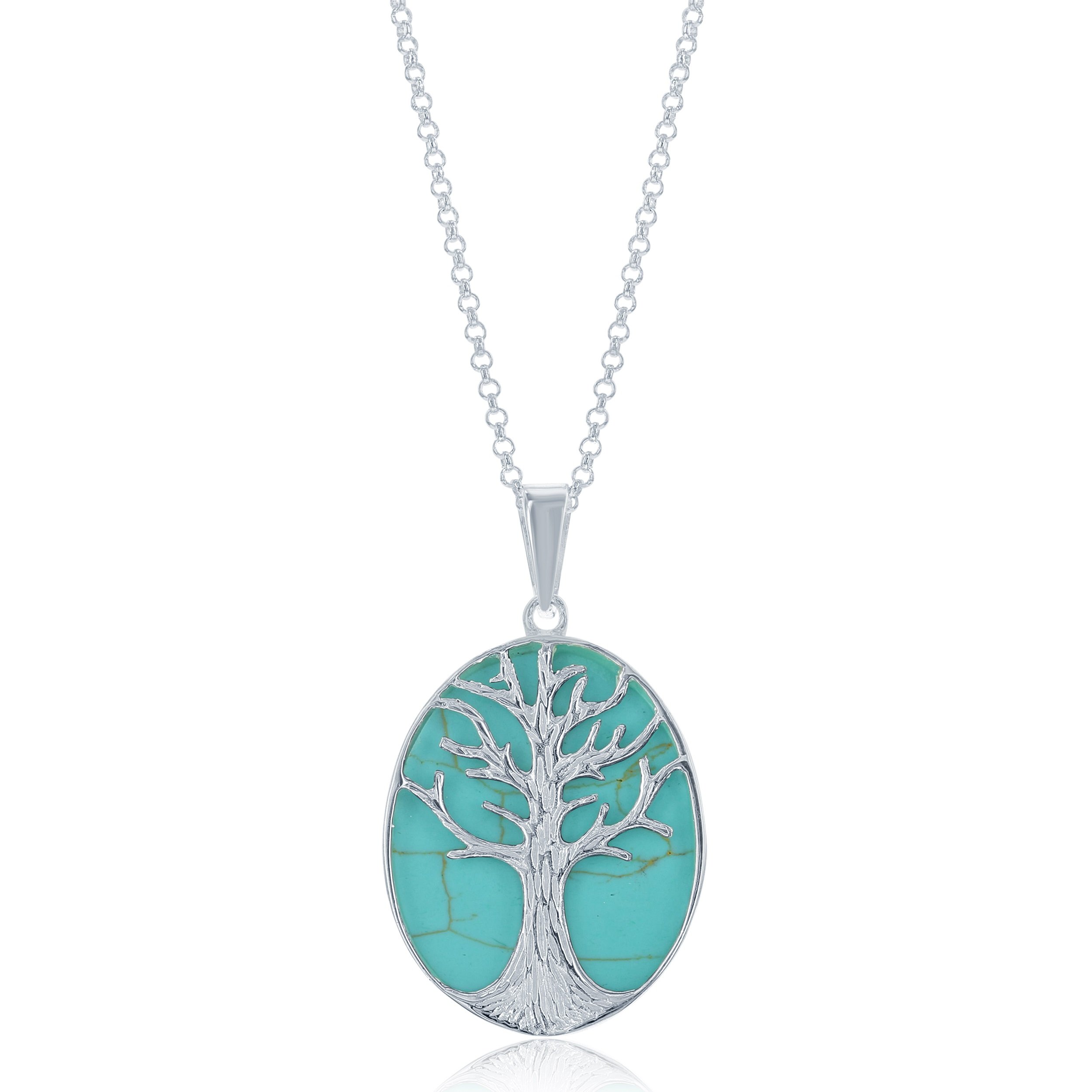 Beaux Bijoux Sterling Silver Natural Stone Turquoise Tree of Life Oval Pendant w/ 18" Thick Rolo Chain/Necklace