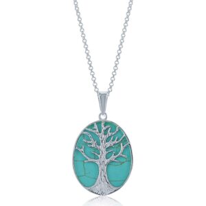 Beaux Bijoux Sterling Silver Natural Stone Turquoise Tree of Life Oval Pendant w/ 18" Thick Rolo Chain/Necklace