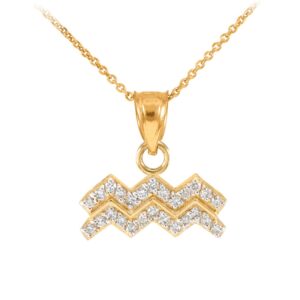 high polish 14k yellow gold diamond aquarius zodiac pendant necklace, 22"