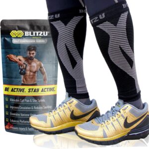 blitzu calf brace for women men, calf and shin supports and pain relief black s-m