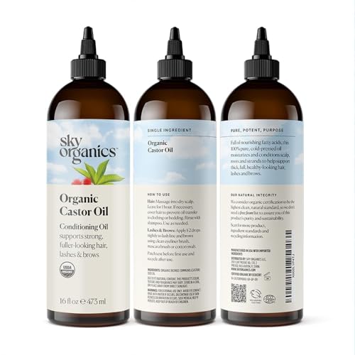 Sky Organics Organic Castor Oil (16 oz) USDA Certified Organic, 100% Pure, Cold Pressed, Hexane Free, Boost Hair Growth, Use with Castor Oil Pack