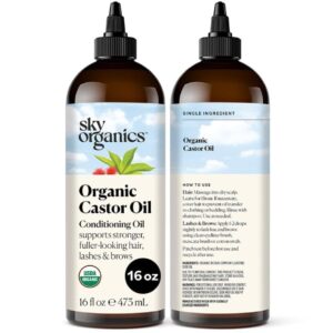 Sky Organics Organic Castor Oil (16 oz) USDA Certified Organic, 100% Pure, Cold Pressed, Hexane Free, Boost Hair Growth, Use with Castor Oil Pack