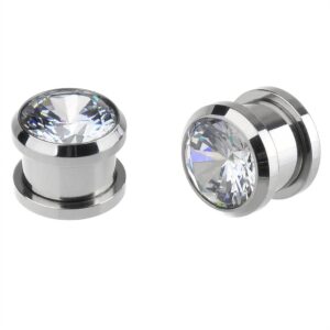 ipink punk pair 8g- 1/2 inch stainless steel cubic zirconia screw tunnels ear stretcher plugs piercing gauge