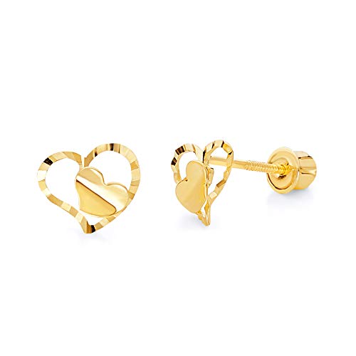 14k Yellow Gold Double Hearts Stud Earrings with Screw Back