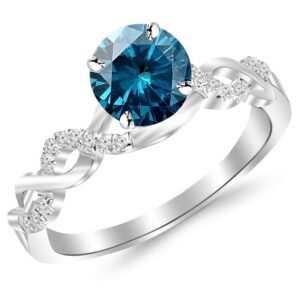 1.13 carat 14k white gold twisting infinity gold and diamond split shank pave set diamond engagement ring with a 1 carat blue diamond center (heirloom quality)