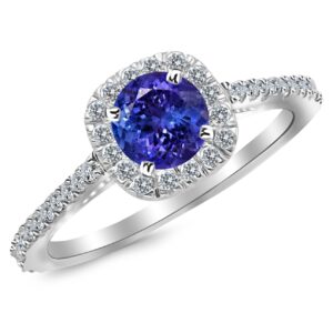 2.35 carat 14k white gold gorgeous classic cushion halo style diamond engagement ring with a 2 carat natural tanzanite center (heirloom quality)