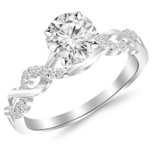 houston diamond district 0.46 carat twisting infinity gold and diamond split shank pave set diamond engagement ring,14k white gold with a 0.33 carat i-j i2 round brilliant cut/shape center.