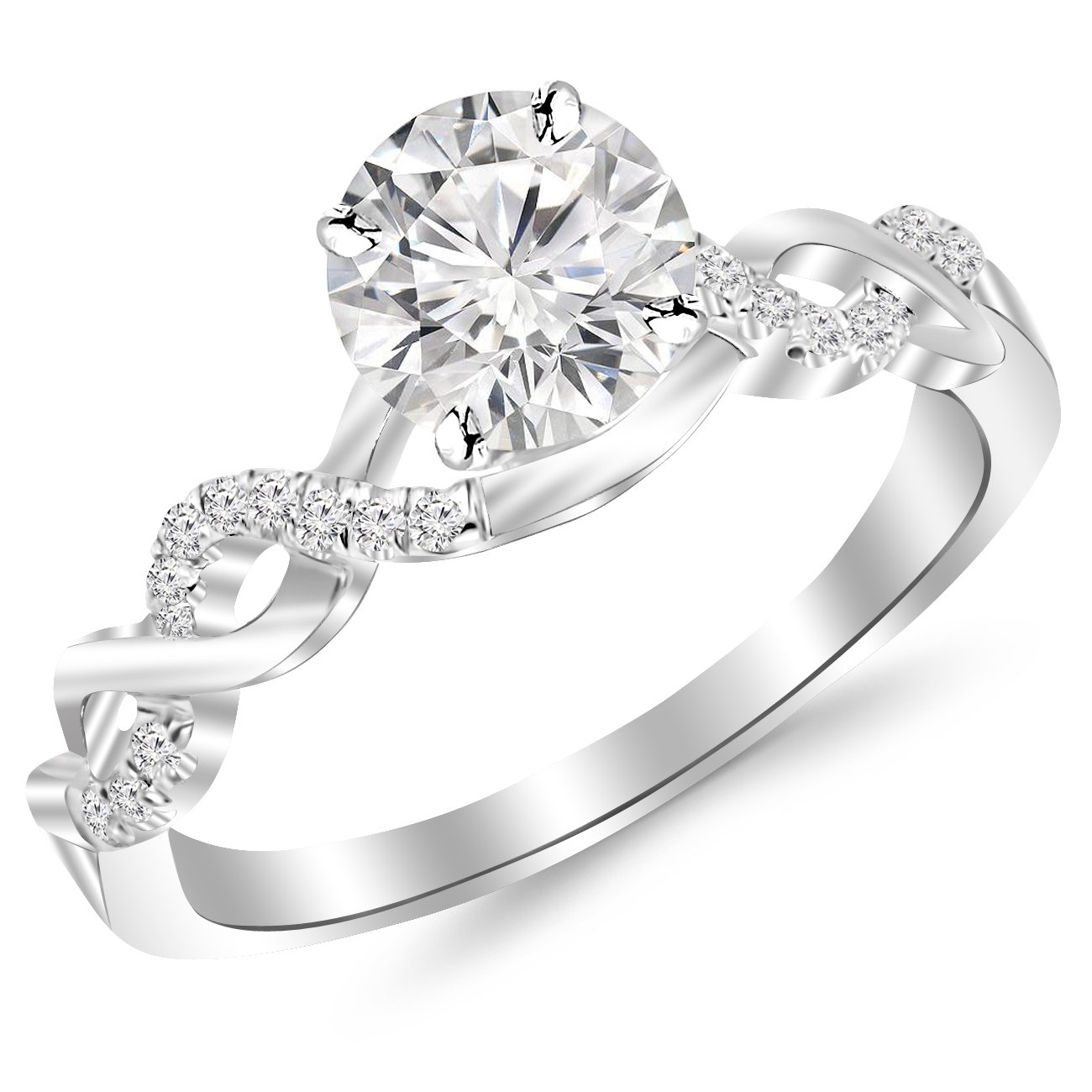 Houston Diamond District 1.13 Carat Twisting Infinity Gold and Split Shank Pave Set Engagement Ring 14K White with a 1 J-K I2 Round Brilliant Cut/Shape Center