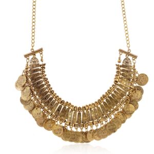 lureme vintage engraved coin bib statement necklace clavicle necklace (01003295) (antique gold)