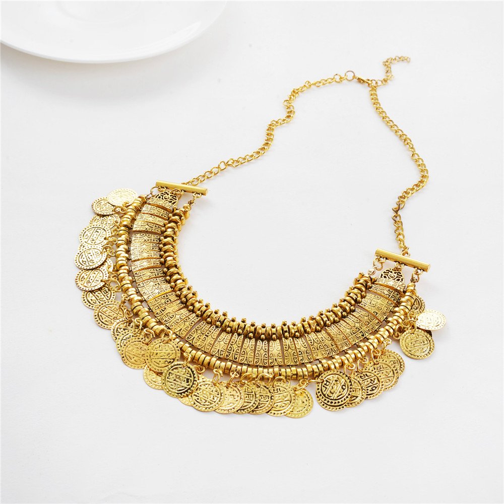 LUREME Vintage Engraved Coin Bib Statement Necklace Clavicle Necklace (01003295) (Antique Gold)