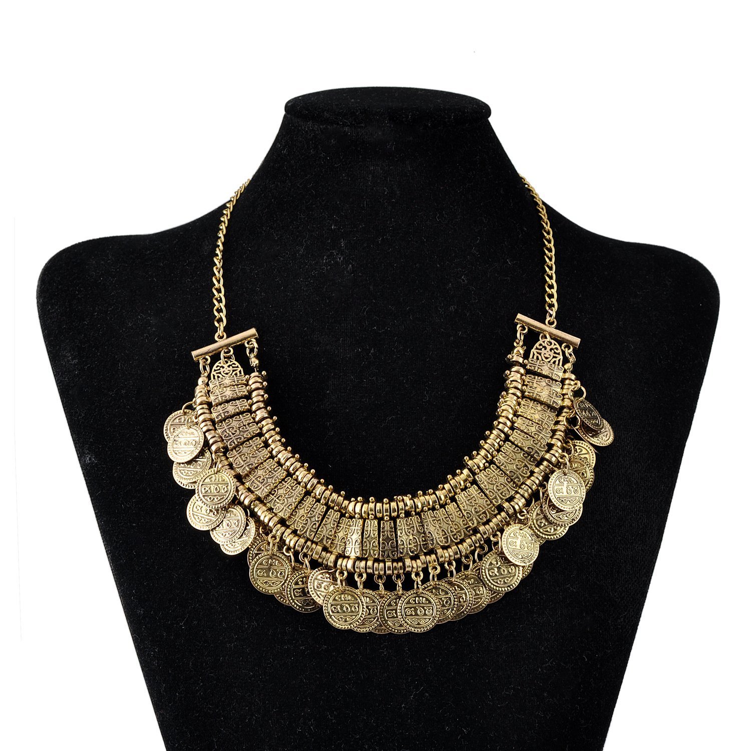 LUREME Vintage Engraved Coin Bib Statement Necklace Clavicle Necklace (01003295) (Antique Gold)