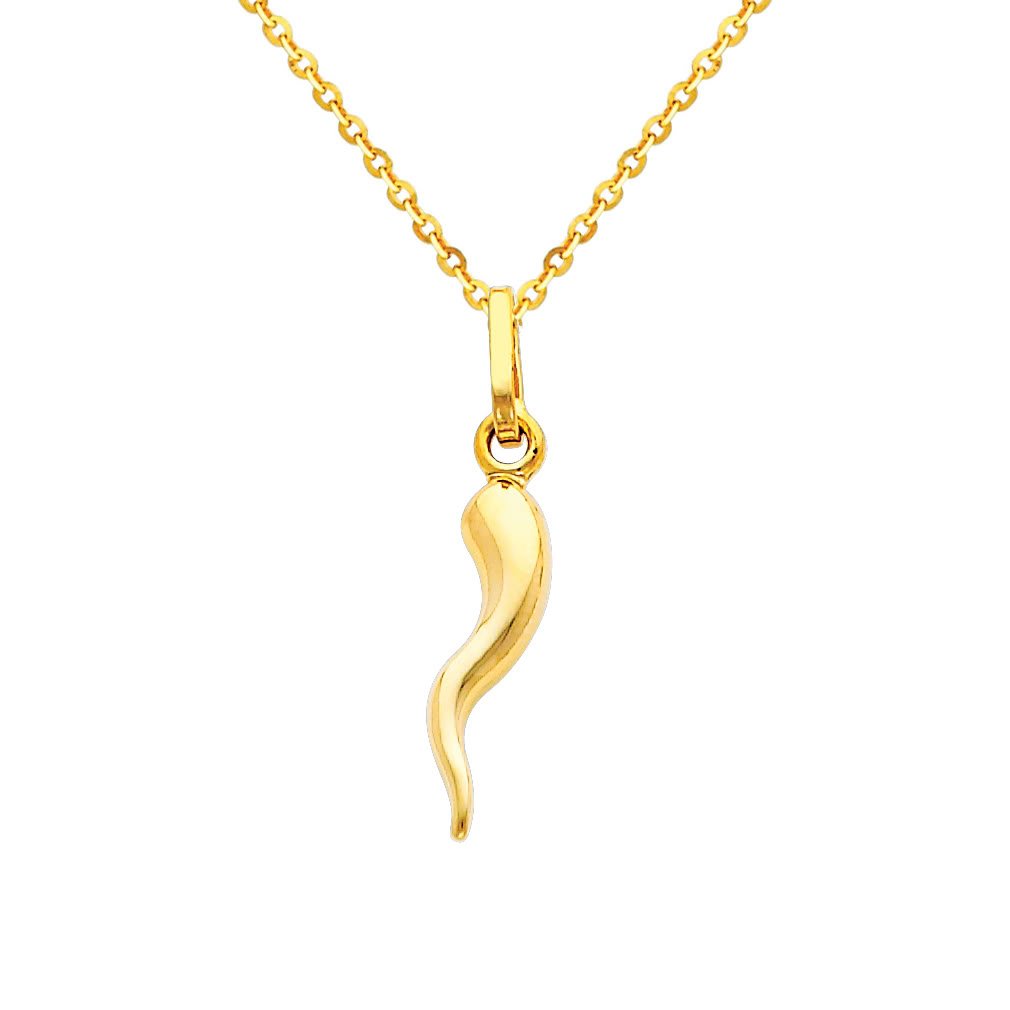 The World Jewelry Center 14k REAL Yellow Gold Cornicello Italian Horn Pendant with 1.2mm Cable Chain Necklace - 20"