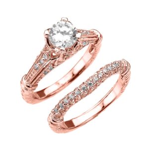 fine 14k rose gold 2 carat total art deco engagement wedding ring set (size 5)