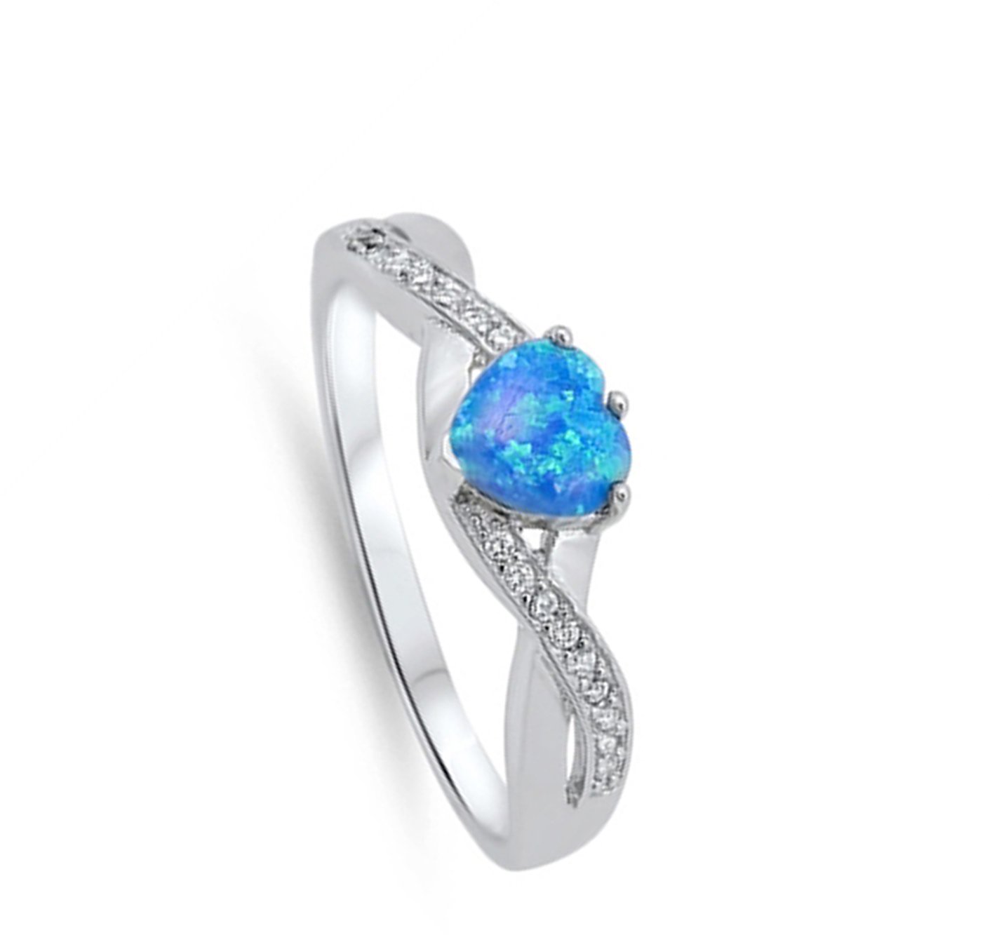 Sterling Silver Blue Simulated Opal Heart Ring White CZ Infinity Band New Size 8