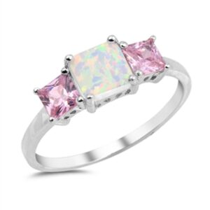 square white simulated opal pink cz cute ring new .925 sterling silver band size 10