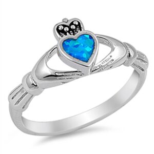 claddagh heart blue simulated opal cute ring new .925 sterling silver band size 5