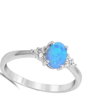 Oval Solitaire White CZ Blue Simulated Opal Promise Sterling Silver Ring Size 4