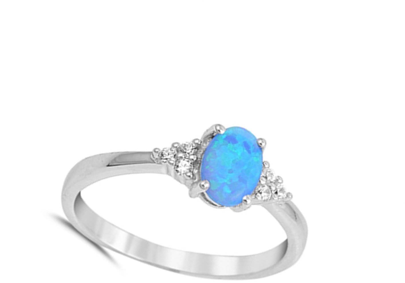 Oval Solitaire White CZ Blue Simulated Opal Promise Sterling Silver Ring Size 4