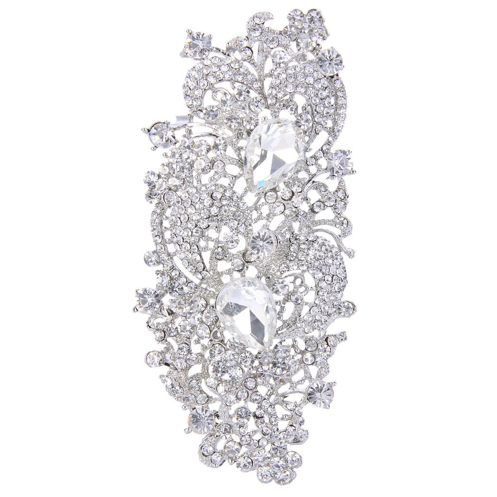 EVER FAITH Silver-Tone Austrian Crystal 4.1 Inch Royal Flower Pattern Wedding Brooch Pendant Clear