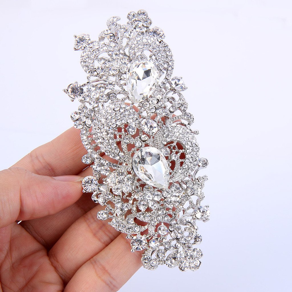 EVER FAITH Silver-Tone Austrian Crystal 4.1 Inch Royal Flower Pattern Wedding Brooch Pendant Clear