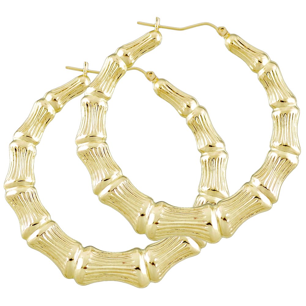 14K Gold Round Hollow Doorknocker Bamboo Hoop Earrings 2.2 inches.Diameter