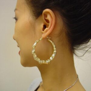 14K Gold Round Hollow Doorknocker Bamboo Hoop Earrings 2.2 inches.Diameter