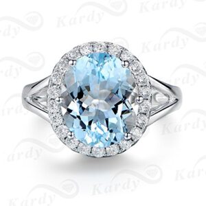 Fashion Natural Blue Aquamarine Gemstone Real Diamond Solid 14K White Gold for Women Lady Wedding Engagement Band Ring Set