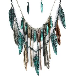 western peak bohemian tritone tassels metal feathers necklace with earrings (patina)