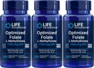 life extension optimized folate 1700 mcg dfe, 100 vegetarian tablets (pack of 3)