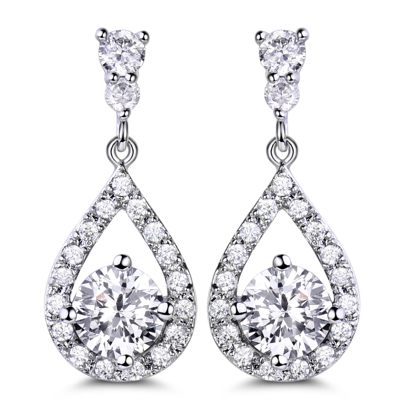 GULICX Dazzling Silver Plated Base Clear Round Cut Flawless CZ Cubic Zirconia Crystal White Drop Earrings