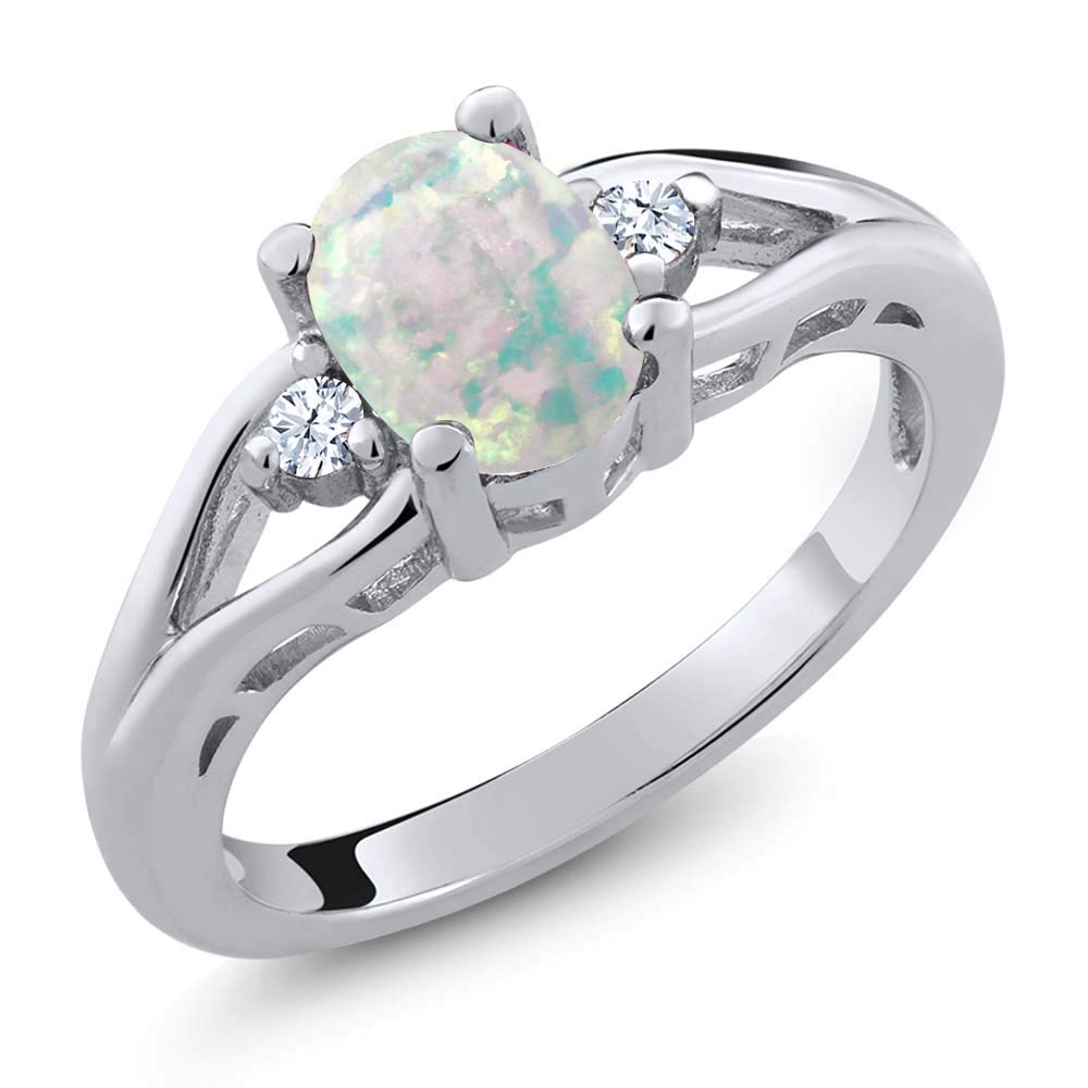 Gem Stone King 925 Sterling Silver White Simulated Opal & White Created Sapphire 3 Stone Engagement Ring For Women | 1.13 Cttw | Oval Cabochon 8X6MM | Round 2MM | Gemstone October Birthstone