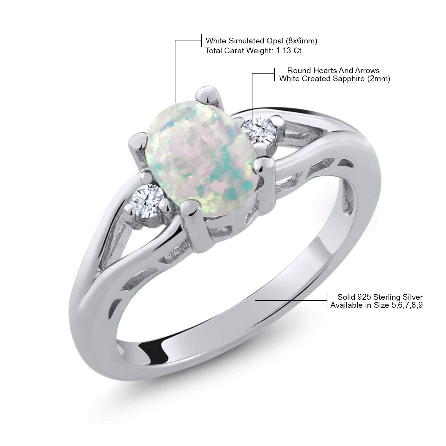 Gem Stone King 925 Sterling Silver White Simulated Opal & White Created Sapphire 3 Stone Engagement Ring For Women | 1.13 Cttw | Oval Cabochon 8X6MM | Round 2MM | Gemstone October Birthstone