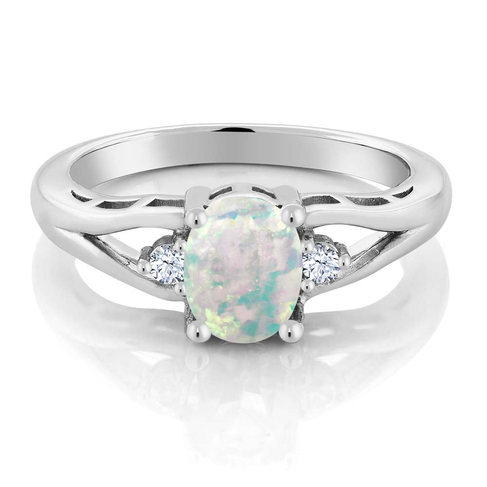 Gem Stone King 925 Sterling Silver White Simulated Opal & White Created Sapphire 3 Stone Engagement Ring For Women | 1.13 Cttw | Oval Cabochon 8X6MM | Round 2MM | Gemstone October Birthstone