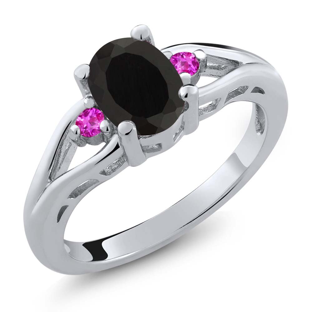 Gem Stone King 925 Sterling Silver Black Onyx and Pink Sapphire 3 Stone Engagement Ring For Women | 1.35 Cttw | Oval 8X6MM | Round 2MM | Gemstone December Birthstone | Size 7