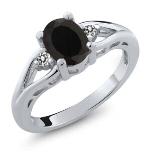 gem stone king 925 sterling silver black onyx and white diamond 3 stone engagement ring for women | 1.32 cttw | oval 8x6mm | round 2mm | gemstone december birthstone | size 7