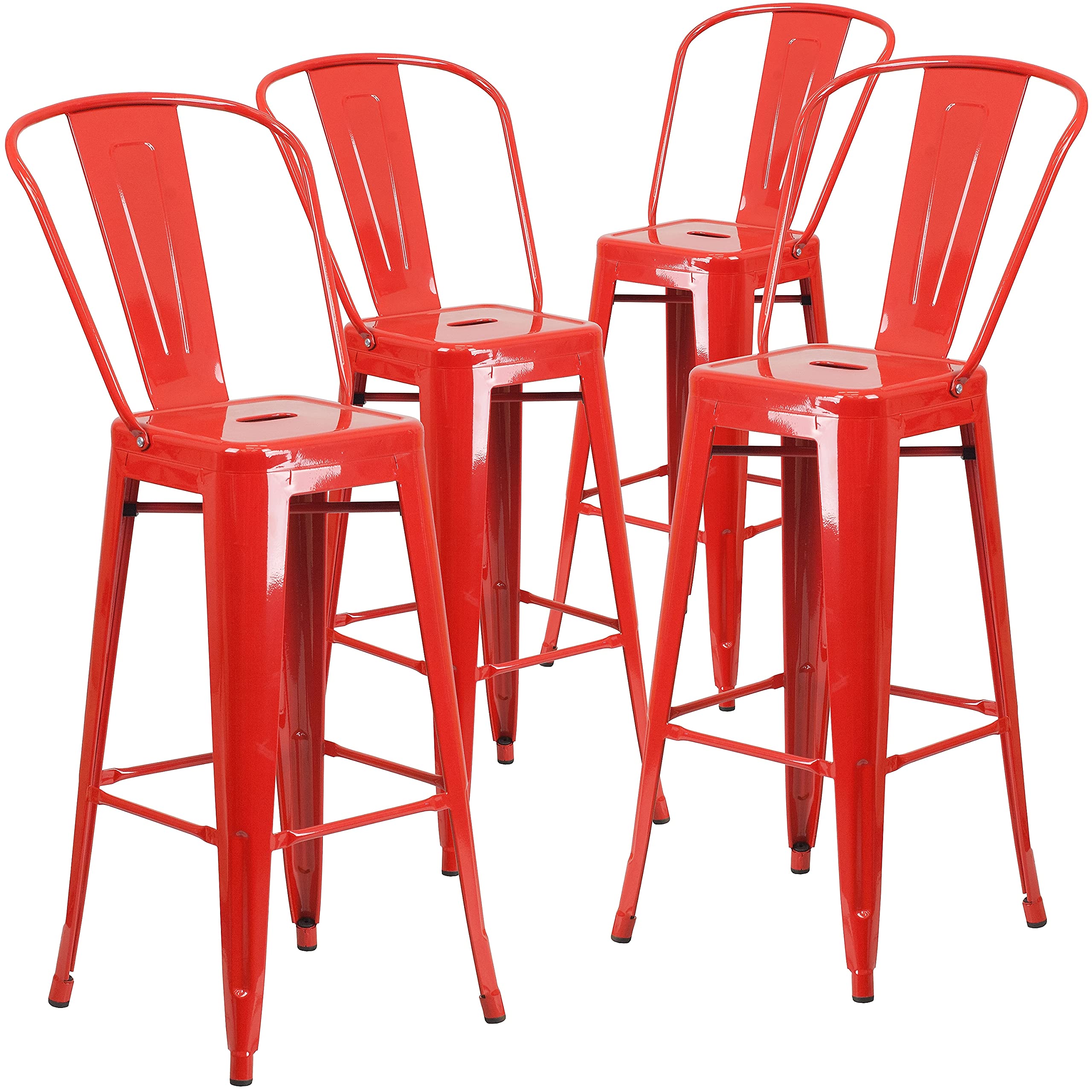 Flash Furniture Lily Commercial Grade 4 Pack 30" High Red Metal Indoor-Outdoor Barstool with Removable Back