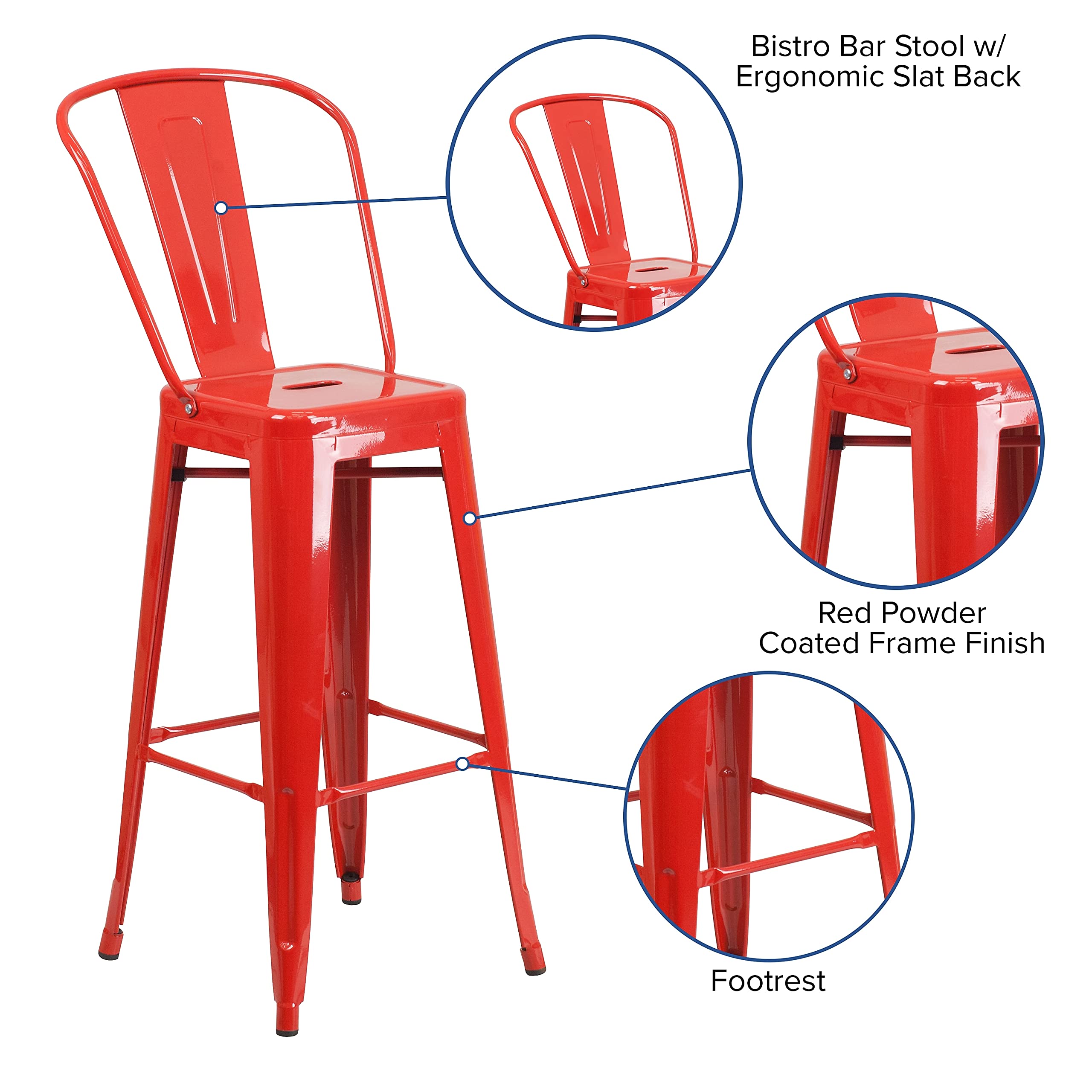 Flash Furniture Lily Commercial Grade 4 Pack 30" High Red Metal Indoor-Outdoor Barstool with Removable Back