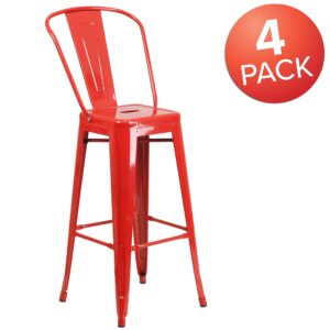 Flash Furniture Lily Commercial Grade 4 Pack 30" High Red Metal Indoor-Outdoor Barstool with Removable Back