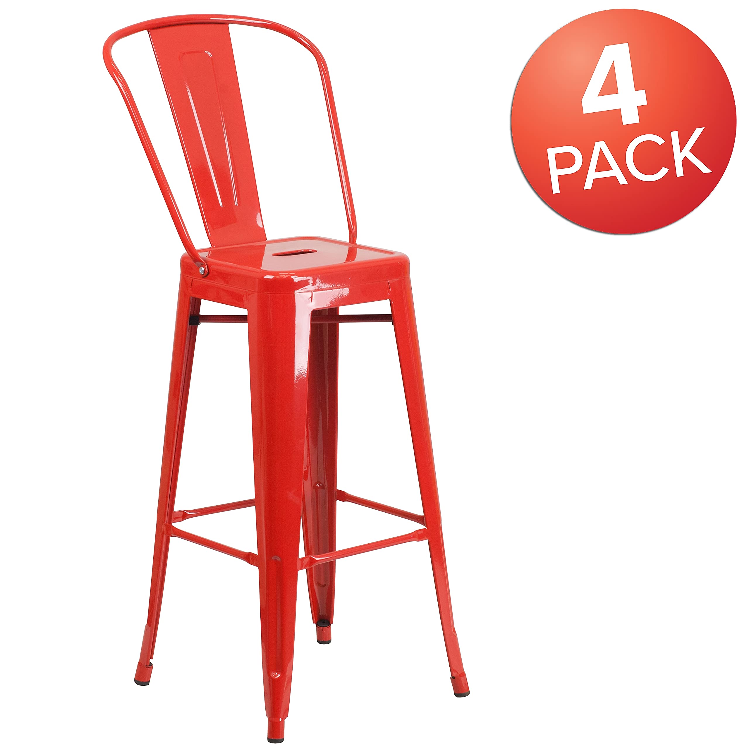 Flash Furniture Lily Commercial Grade 4 Pack 30" High Red Metal Indoor-Outdoor Barstool with Removable Back