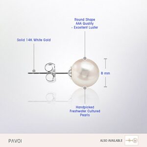 PAVOI Handpicked AAA+ 14K White Gold Plated Sterling Silver Round White Freshwater Cultured Pearl Earrings | Pearl Earrings for Women - 8mm