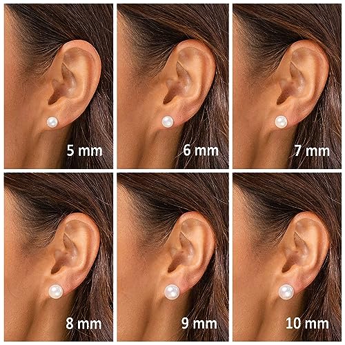 PAVOI Handpicked AAA+ 14K White Gold Plated Sterling Silver Round White Freshwater Cultured Pearl Earrings | Pearl Earrings for Women - 8mm