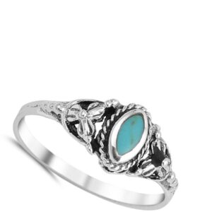 Bali Simulated Turquoise Flower Ring New .925 Sterling Silver Band Size 8