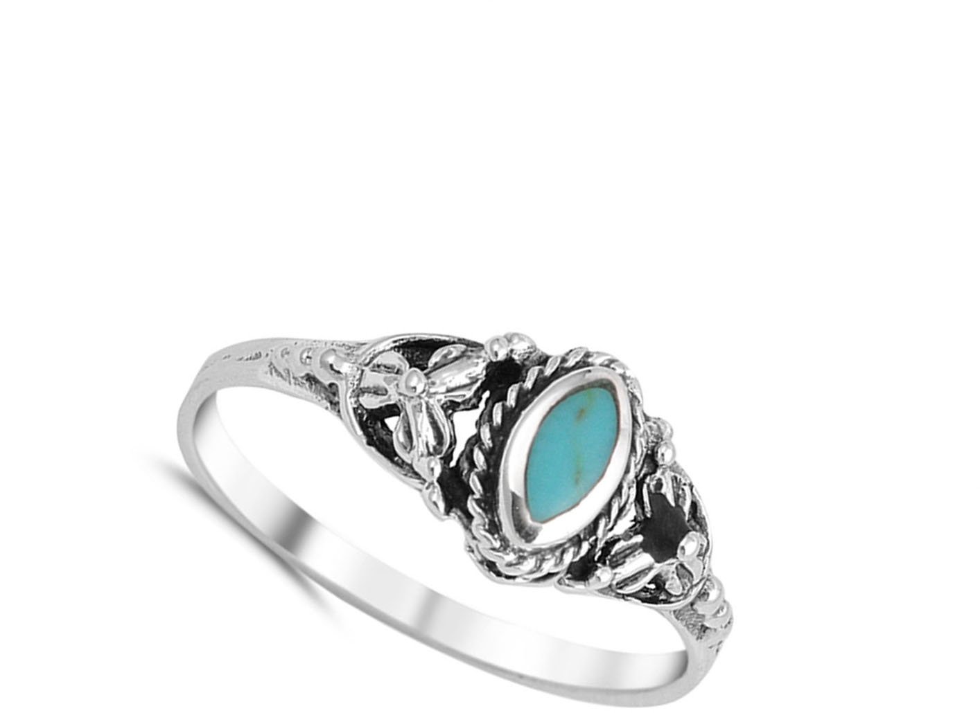 Bali Simulated Turquoise Flower Ring New .925 Sterling Silver Band Size 8