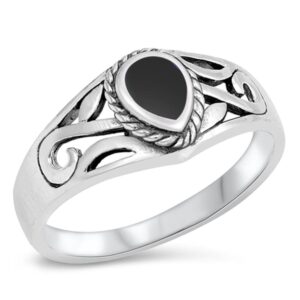 simulated black onyx teardrop cutout ring new .925 sterling silver band size 8