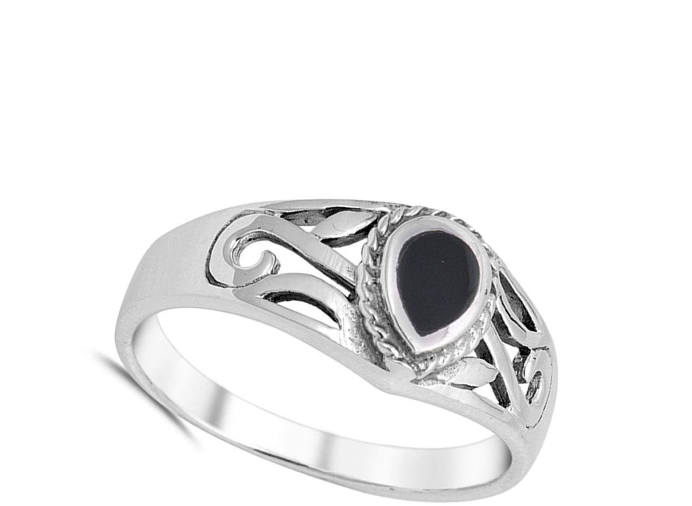 Simulated Black Onyx Teardrop Cutout Ring New .925 Sterling Silver Band Size 8