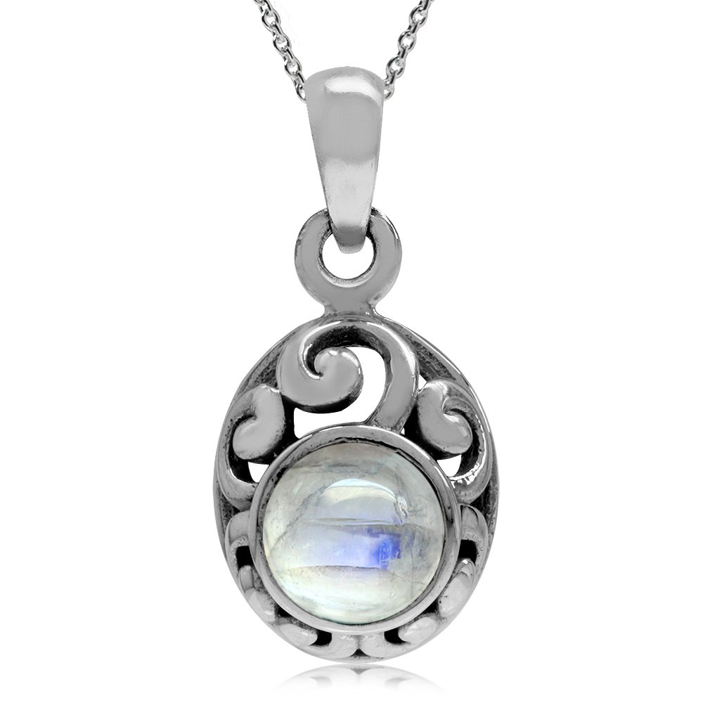 Silvershake Petite Natural Moonstone 925 Sterling Silver Filigree Pendant with 18 Inch Chain Necklace