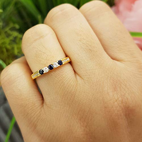 Dazzlingrock Collection 10K Round Blue Sapphire & White Diamond Women Anniversary Band, Yellow Gold, Size 9